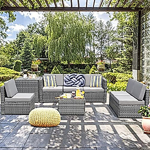 LUKEO 8PCS Outdoor Wicker Rattan Furniture Set Cushioned Sectional Sofa Storage Table Corner Sofa