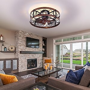 REDSTAR Retro Small Ceiling Fan with Light Remote Control, Ceiling Fans with Lights Flush-Mount, Low-Profile Ceiling Fan with Light, Caged Ceiling Fan with Light (Black)