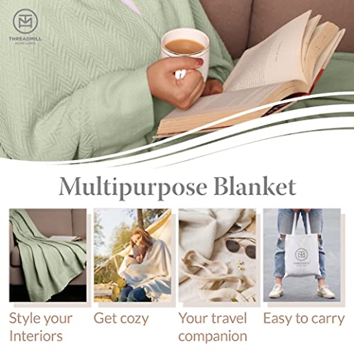 Threadmill Luxury Cotton Blankets for Twin Size Bed | All-Season 100% Cotton Twin Blanket for Bed | Herringbone Soft & Cozy Fall Thermal Blanket, 350GSM, 68x92 inches | Sage Green