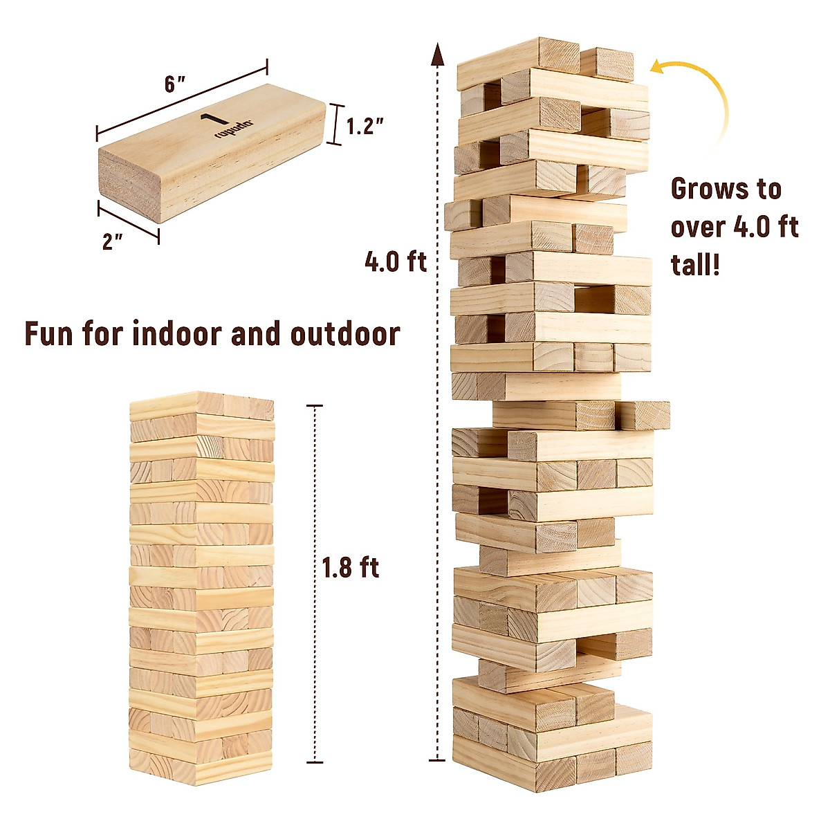 ropoda Giant Tumble Tower, 54pcs Giant Outdoor Games with Dice & Rules Sheet, Giant Lawn Games 1.8 Feet Tall, Grows to Over 4 Feet, Giant Tumble Timber for Adults and Family, Outdoor and Indoor Fun