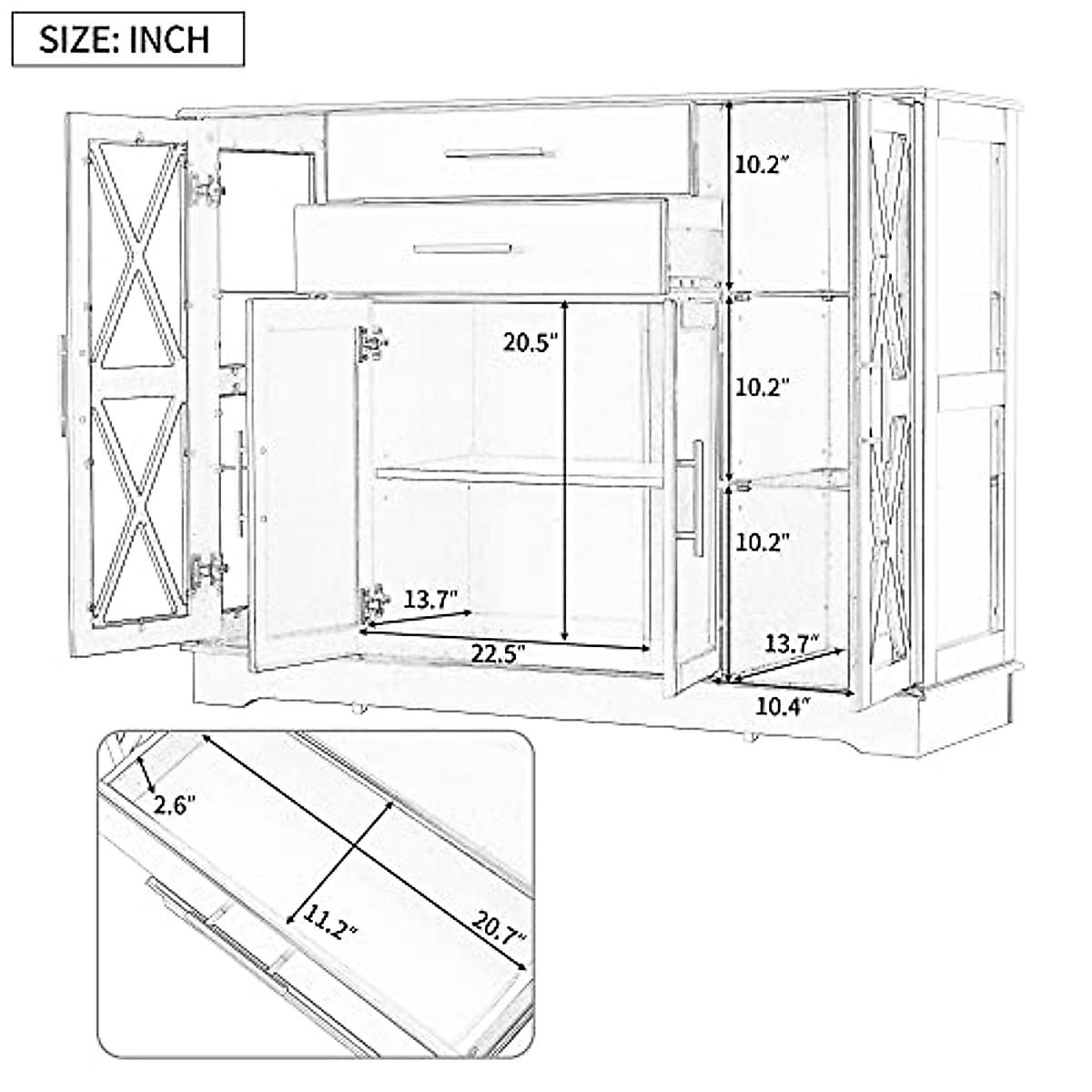 P PURLOVE Sideboard Buffet Server Storage Cabinet with Drawer Curio Bar Cabinet with Cabinet and Shelf for Kitchen Dining Room Furniture