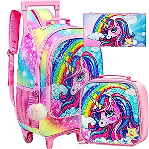 FTJCF 3PCS Rolling Backpack for Girls, Kids Unicorn Roller Bookbag with Wheels, Wheeled School Bag Set for Elementary -Rainbow