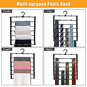 Frqianly Pants Hangers Space Saving, 2 Pack Multiple Pants Hangers for Closet, Jean Hangers Scarf Holder Closet Space Saving Hangers, Pants Rack Leggings Hanger Space Saver Closet Organization（Black）