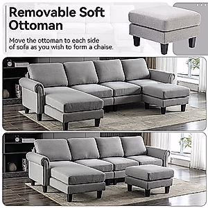 Olela U Shaped Modular Sectional Sofa for Living Room, Oversized Deep Seat Sofa Modern Linen Upholstered Sectional Couch with Chaise Lounge and Comfy Backrest (Light Gray)