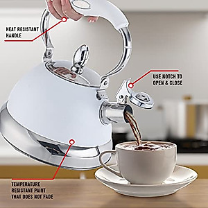 Emeril Lagasse 2.6 Quart/2.5 Liter Whistling Tea Kettle, Stainless Steel Tea Pot for Induction Stove Top, Fast to Boil Water for Home Kitchen Condo, with Ergonomic Cool Folding Grip Handle, White