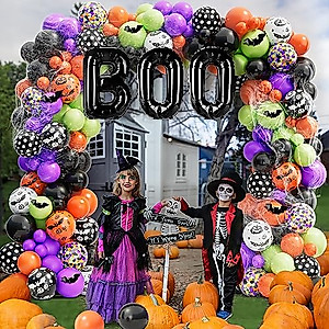 Wecepar Halloween Balloon Garland Arch kit with Halloween Spider Web Boo Foil Balloons Spider Balloons Black Orange Purple Fruit Green Confetti Balloons for Halloween Day Party Decorations Backdrops