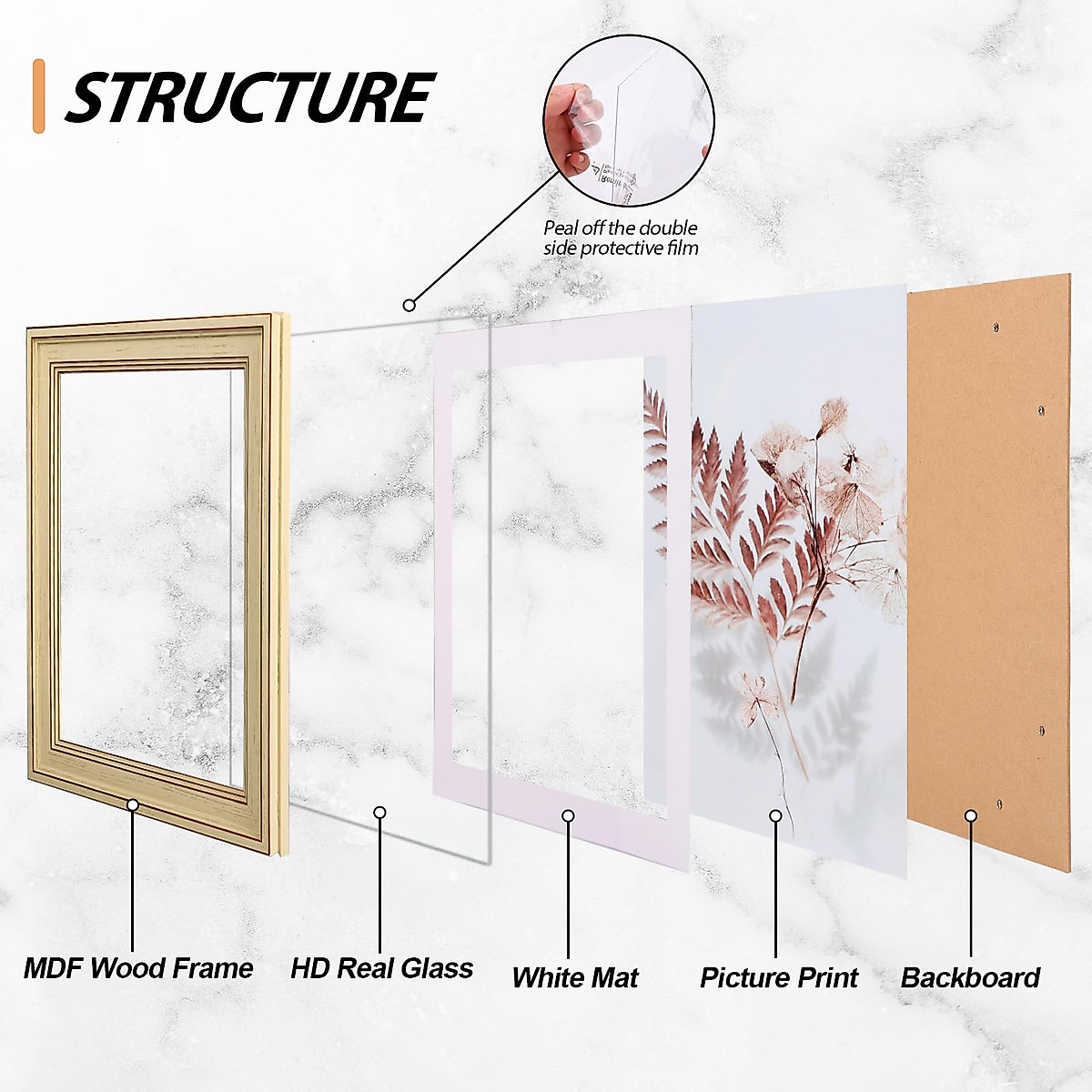 11x14 Picture Frame, set of 4 Tempered Glass with Vintage Wood Grain, Farmhouse Rustic Frames, suitable for Tabletop Display and Wall Hanging.