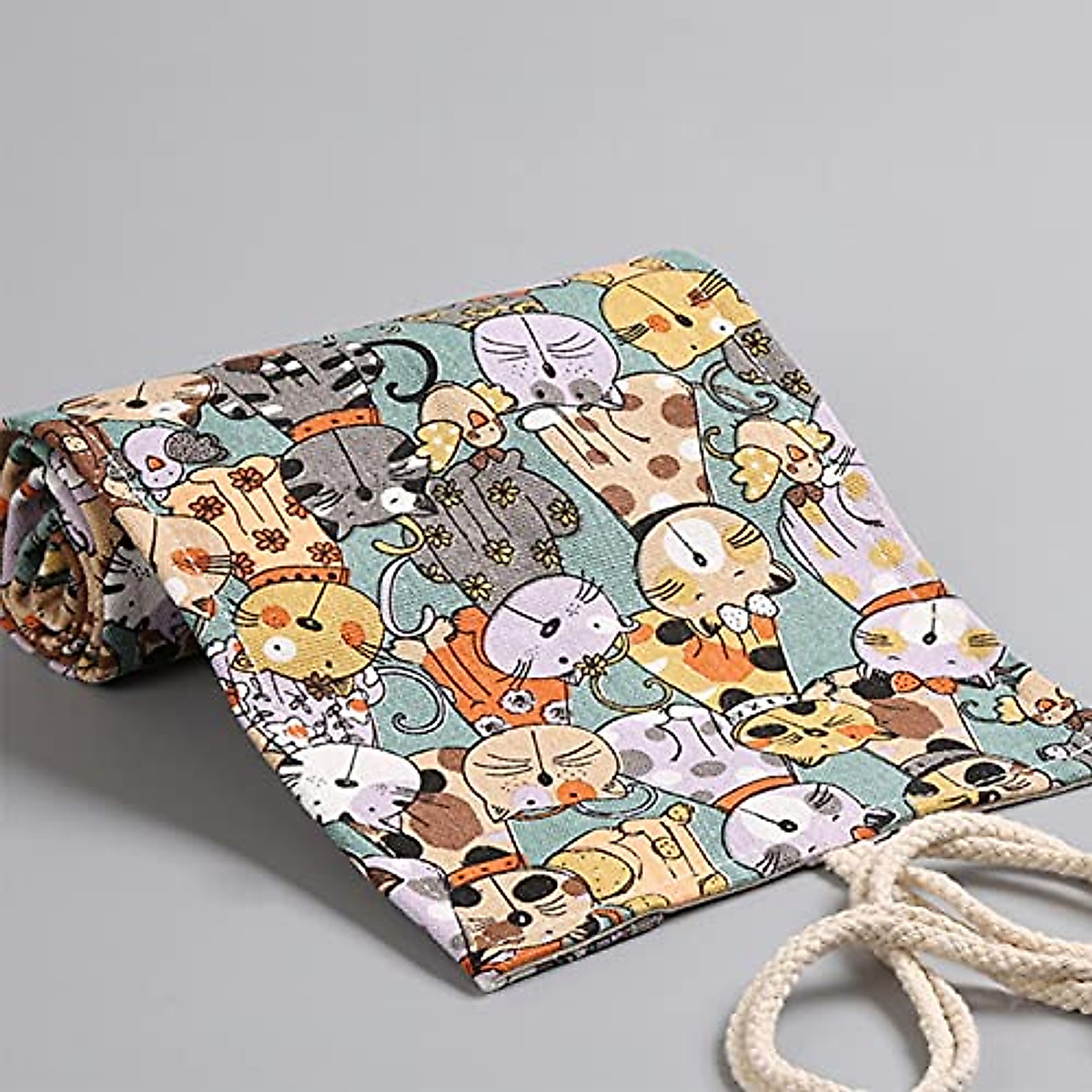Canvas Pencil Roll Wrap 12/24/36/48 Holes, Multiuse Cartoon Cat Roll Up Pencil Case Large Capacity Pen Curtain for Coloring Pencil Holder Organizer