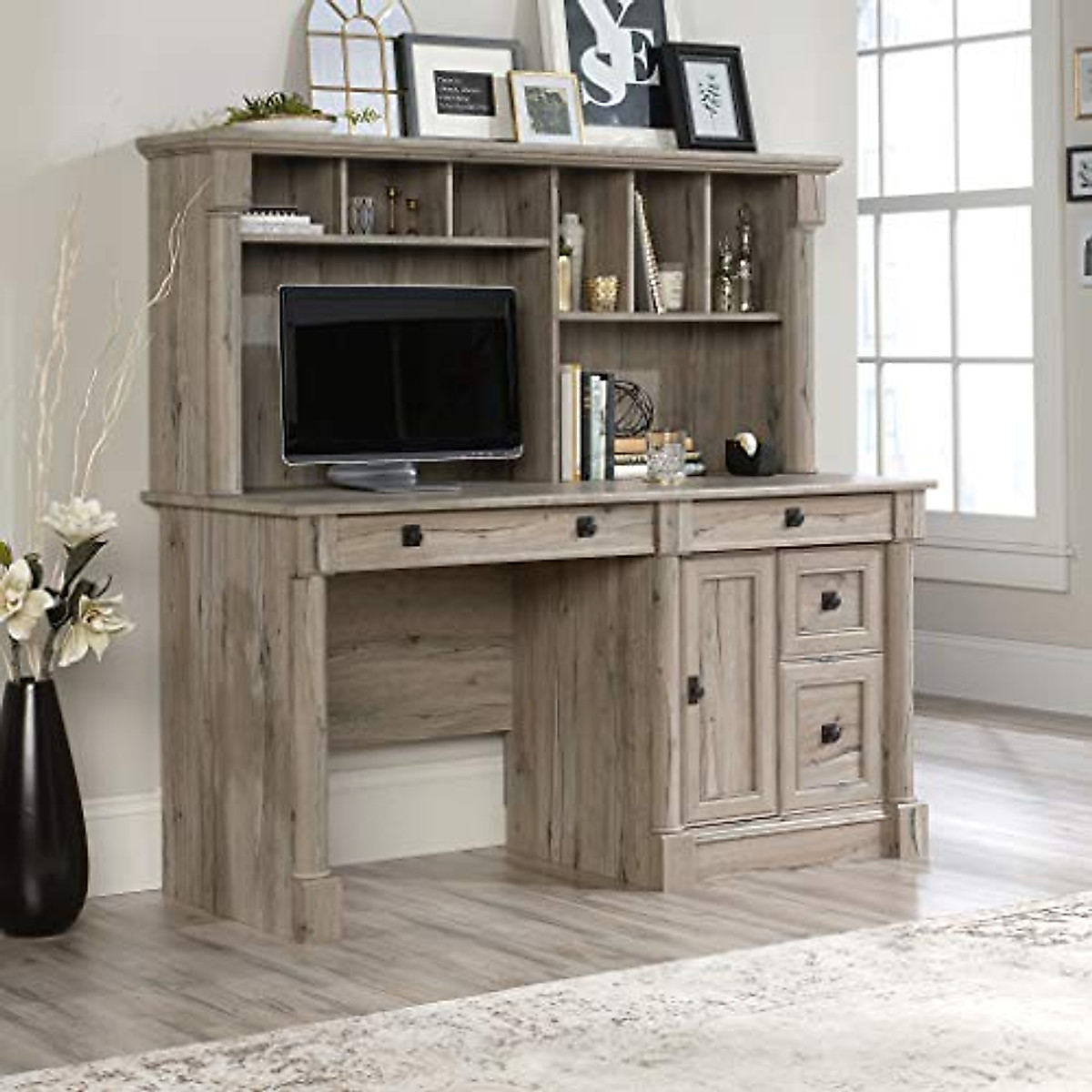 Sauder Palladia Desk with Hutch, L: 59.488" x W: 23.543" x H: 56.496", Split Oak Finish