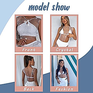 Fstrend Mesh Crystal Body Chain Sparkly Rhinestone Fishnet Crop Top See Through Tank Tops Bikini Rave Festival Accessories for Women