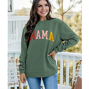 KEKEMI Mama Sweatshirt For Women Crewneck Mama Letter Print Pullover Tops Long Sleeve Mom Life Shirts Casual MAMA Graphic Top（Green-05,Small