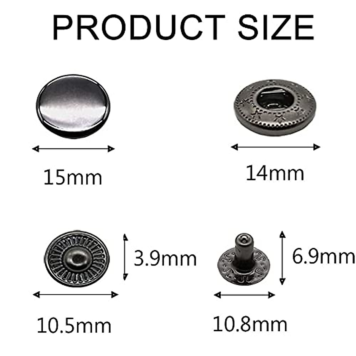 24 Sets Heavy Duty Leather Snap Fasteners Kit, BetterJonny 15mm Metal Snap Buttons Press Studs Leather Rivets Snaps with 4 Setter Tools for Clothes Bracelet Jackets Jeans Gun Black
