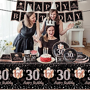 142Pcs 30th Birthday Tableware Decorations for Women Rose Gold Happy 30 Birthday Party Supplies for Her Disposable Tablecloth,Plates,Napkins,Cups,Forks and Knives for Girls 30th Birthday Party