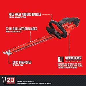CRAFTSMAN V20 Cordless Hedge Trimmer, 22 inch, Bare Tool Only (CMCHTS820B)