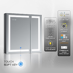 DECADOM LED Mirror Medicine Cabinet Recessed or Surface, Dimmer, Clock, Room Temp Display, Dual Outlets (Duna 30x32)