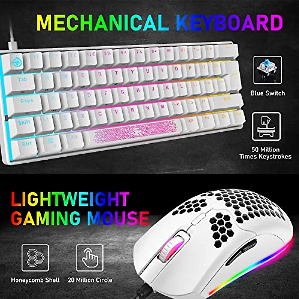 Mechanical Mini RGB Gaming Keyboard and Mouse Combo with Compact 62Key Layout Rainbow Backlight Anti-ghosting 6400DPI Honeycomb Mice Type-C Wired for PC Mac Gamer Laptop Typists DIY(White/Blue Switch)