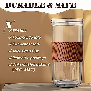 IPOW 24OZ Glass Cups with Lids and Metal Straws 2 Pack, Iced Coffee Cups with Bamboo Lids, Cute Boba Cup with Non-slip Sleeve, Clear Drinking Glasses for Bubble Tea, Smoothies, Juices, Sauces