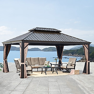 Patio Tree 12' x 16' Patio Hardtop Gazebo Outdoor Non-Rust Aluminum Permanent Pergola Shelter Tent with Galvanized Steel Canopy Roof, Mosquito Netting and Privacy Curtain