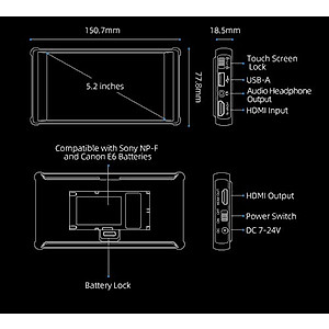 Portkeys PT6 Monitor 5.2 inch 3D LUT 4K HDMI Touch Screen 1920 * 1080 Live Streaming Monitor HDMI DSLR Camera Field Monitor with Peaking Frame, Wireframe Protection, Image Crop Function
