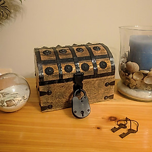 SciencePurchase Pirate's Treasure Chest Wooden Nautical Jewelry Box with Functional Lock and 2 Keys, Wood with Iron Accents, Hinged Lid, 8 Inches Long