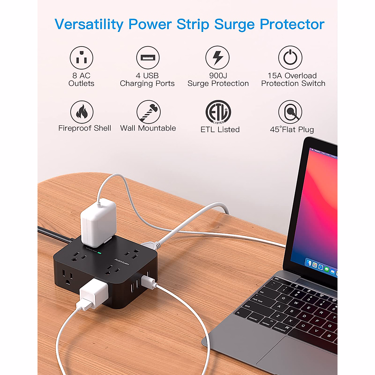 8 Outlets Power Strip with 4 USB Charging Ports, 3 Side Outlet Extender with 5Ft Braided Extension Cord, Flat Plug, Wall Mount, Desk USB Charging Station for Home Office