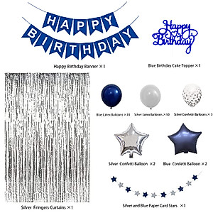 G-LOVELY'S Navy Sliver Birthday Decorations Set with Happy Birthday Balloon Letters Banner, Confetti Balloons, Fringe Curtain, Men Women Boys Girls Navy Blue Silver Birthday Party Supplies