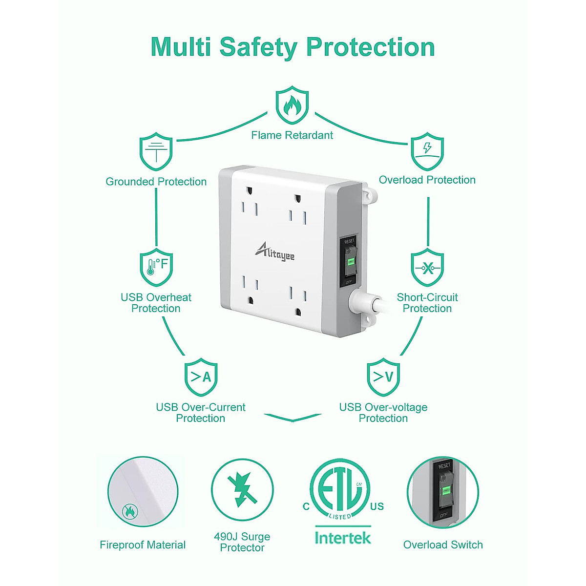Alitayee Mountable Surge Protector Power Strip, Wall Mount Power Strip with 4 Outlets and 3 USB, Flat Plug, Shutter Safety and Circuit Breaker Switch, 6 Ft Extension Cord for College Home Office Dorm
