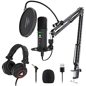 MAONO USB Podcast Microphone with Headphone Set, Zero-Latency Monitoring Computer Condenser PC Mic 192KHZ/24Bit with Mute Button for Recording, Voice Over, Streaming（AU-PM401H）