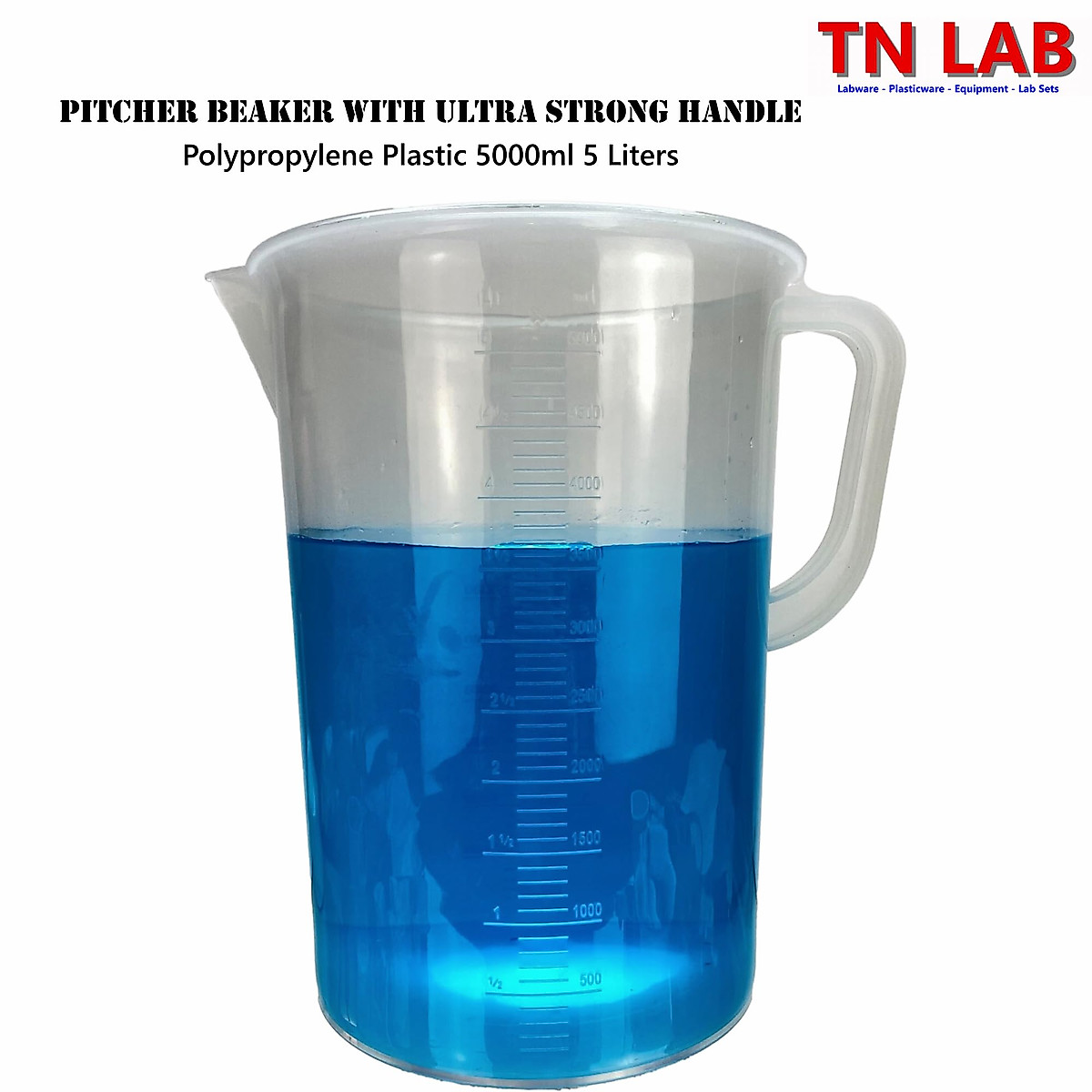 TN LAB Beaker Pitcher Measuring Cup Ultra-Strong Handle Polypropylene Plastic Graduated 5000ml 5L Holds 5.3 Quarts 1.25 Gallons