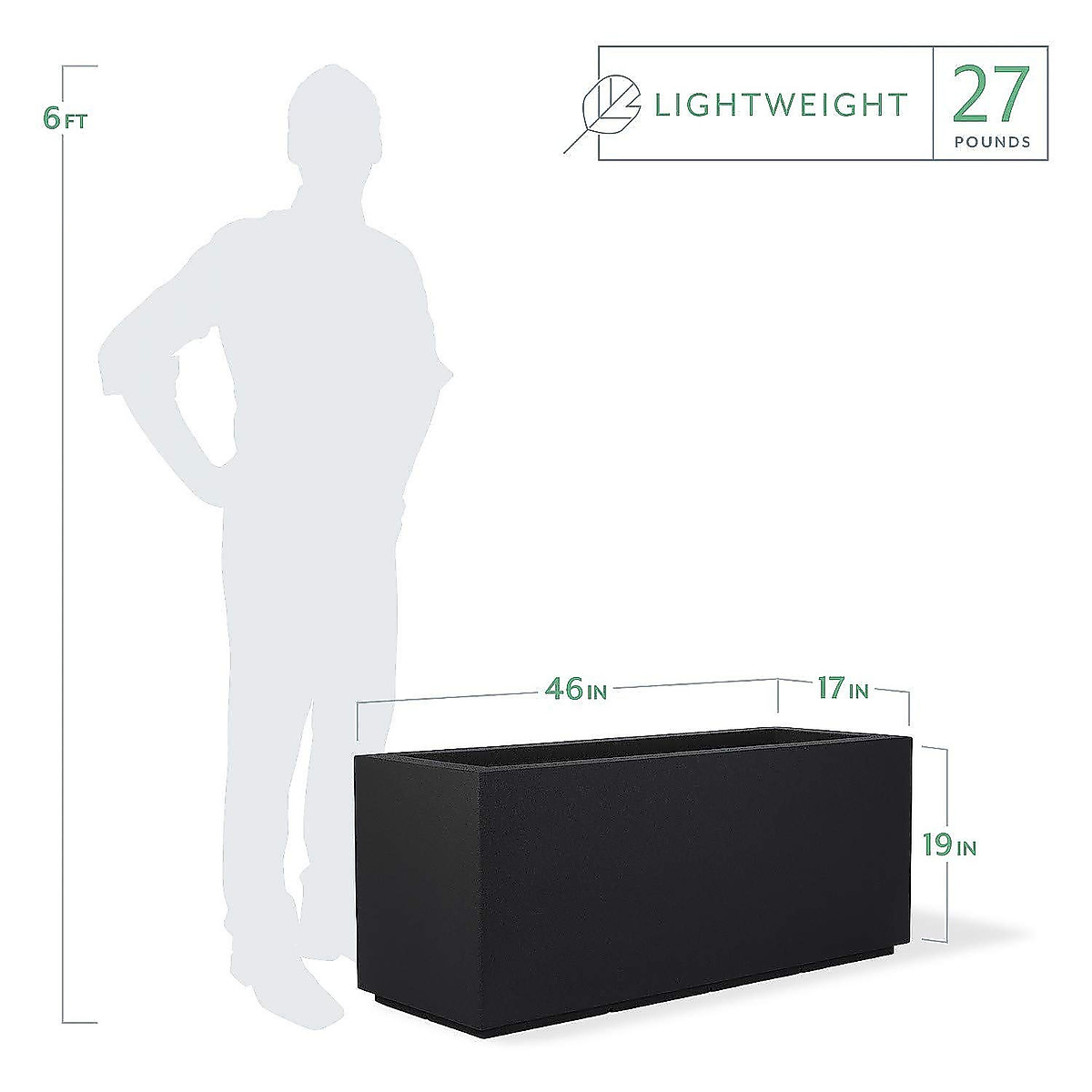 PolyStone Milan Tall Modern Outdoor/Indoor Rectangular Trough Planter, 46" L X 17" W X 19" H, Lightweight, Heavy Duty, Weather Resistant, Polymer Finish, Commercial and Residential (Black)