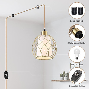 Ruzectt Plug in Pendant Light,Hanging Light with Plug in Cord,Gold Hanging Lamp with Dimmable Switch,15 ft Golden Cotton Cord,Hanging Light Fixture for Kitchen Living Room Bedroom (Bulb Included)