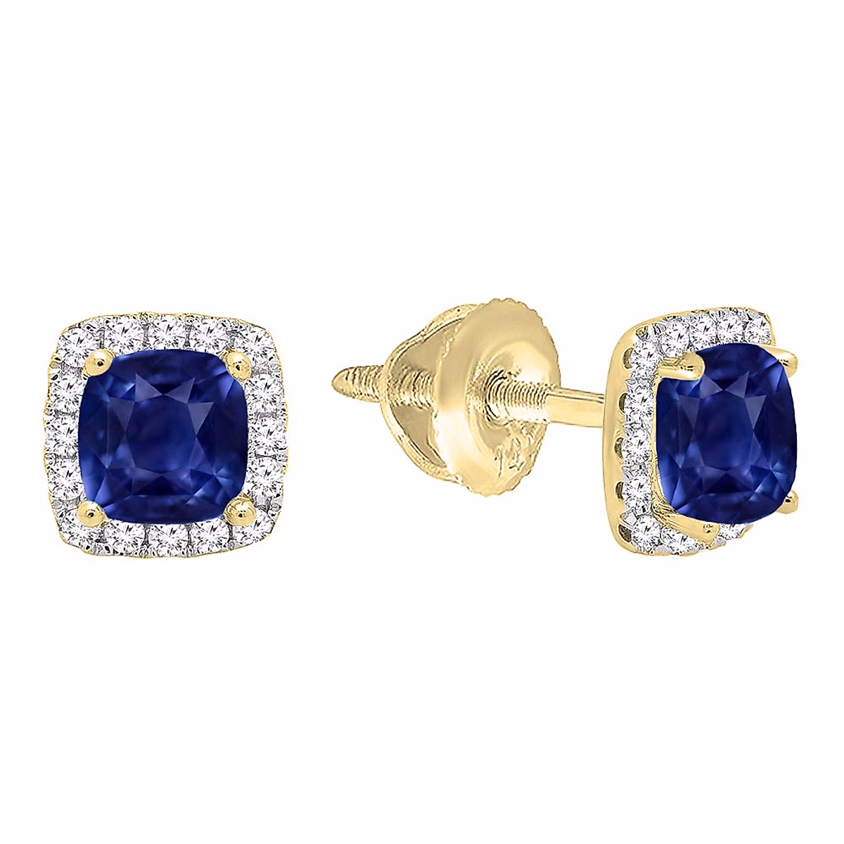 Dazzlingrock Collection Each 4 mm Cushion Blue Sapphire & Round White Diamond Ladies Halo Stud Earrings, 10K Yellow Gold