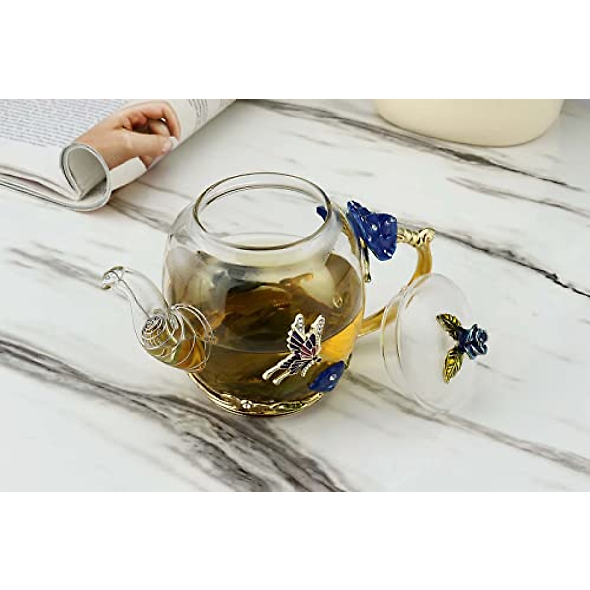 Safe Durable Floral Glass Teapot with Gold Leaves Edge Colourful Flower Pattern Floral Vintage Teapot Tea Party Set (Blue)