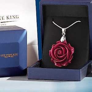Gem Stone King 35MM Red Simulated Coral Carved Rose Flower Pendant with 16 Inch + 2 Inch Extender Chain