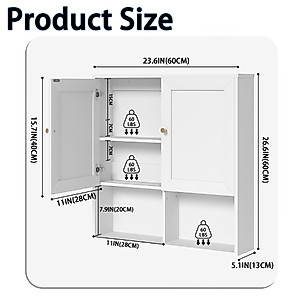Azheruol Bathroom Wall Cabinet, Medicine Cabinet with 2 Door and Adjustable Shelves,3-Tier Wood Hanging Storage Over The Toilet,White Wall Mounted Cabinet for Bathroom, Kitchen,Laundry Room