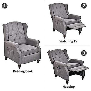 BINGTOO Recliner Chair with Massage and Heat 2 Chairs Set- Accent Chairs for Living Room- Tufted Fabric Push Back Recliner Chair, Footrest and Nailhead Trim, Wooden Legs, Wingback (Double, Gray)