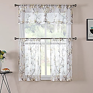 Tollpiz Floral White Sheer Valance Curtains Flower Print Vine Embroidery Bedroom Curtain Valances Rod Pocket Voile Window Curtains for Living Room, 54 x 16 inches Long, Set of 1 Panel