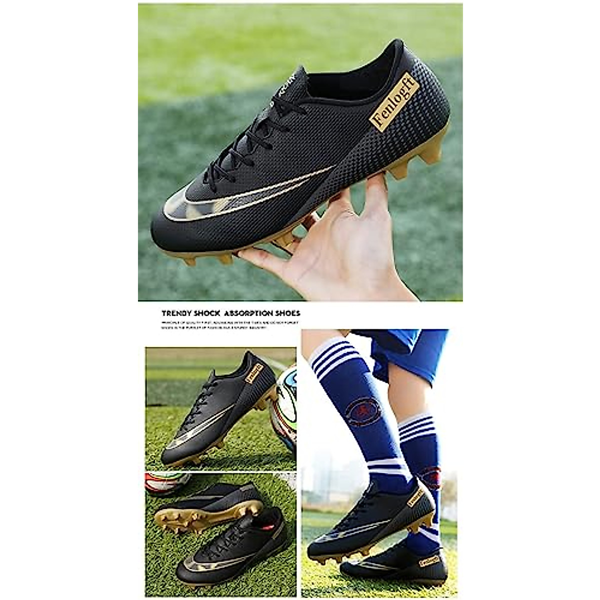 Low Leather Soccer Cleats - Professional-Grade with Lace-Up - Ideal for Training & Competition on Firm Ground & Turf - Unisex, Men, Women, Boys & Girls (Black Gold,8,6.5,Women,Medium,Men)