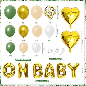 Gender Neutral Sage Green Baby Shower Decoration for Boy Girl Gender Reveal Safari Baby Shower Decor Supplies Baby Box with Letters Oh Baby Backdrop Tablecloth Balloon Garland Arch Kit (01)