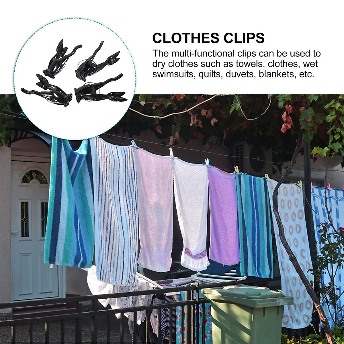 VOSAREA Beach Towel Clips 4pcs Black Cat Shaped Jumbo Towel Clips Clothes Pins Blanket Holders for Chairs Cruise Patio Pool Accessories