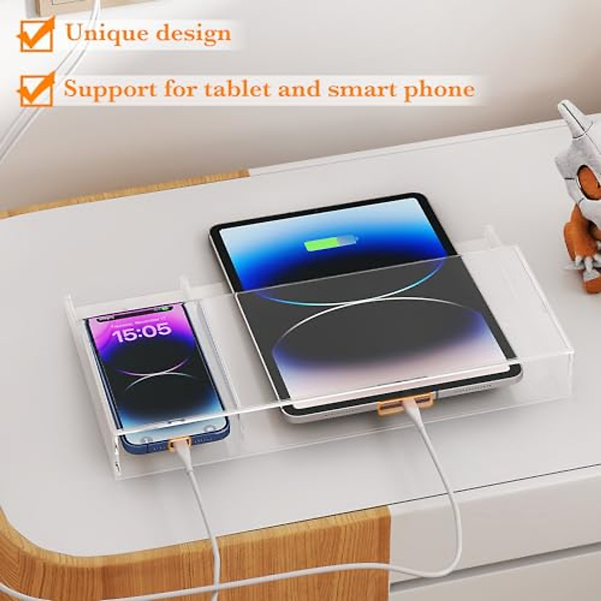 Yoillione Wall Mount Tablet and Phone Charging Stand for Tablet, Smartphone, E-Book, 2 Slots Remote Control Holder for TV, Air Conditioning, Clear Acrylic Remote Storage Media Organizer Box