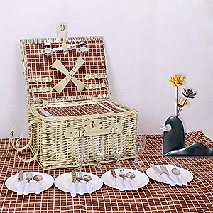 Willow Picnic Basket Set for 4 Person Wicker Hamper Sets with Picnic Blankets, Picnic Cutlery Service Kit, Insulated Cooler Compartment, Best Gifts for Couples, Family, Camping,Outdoor Party - Brown
