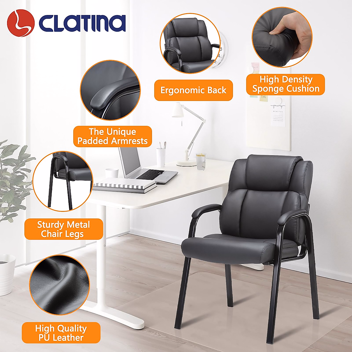 CLATINA Leather Guest Chair with Padded Arm Rest for Reception Meeting Conference and Waiting Room Side Office Home Black 4 Pack