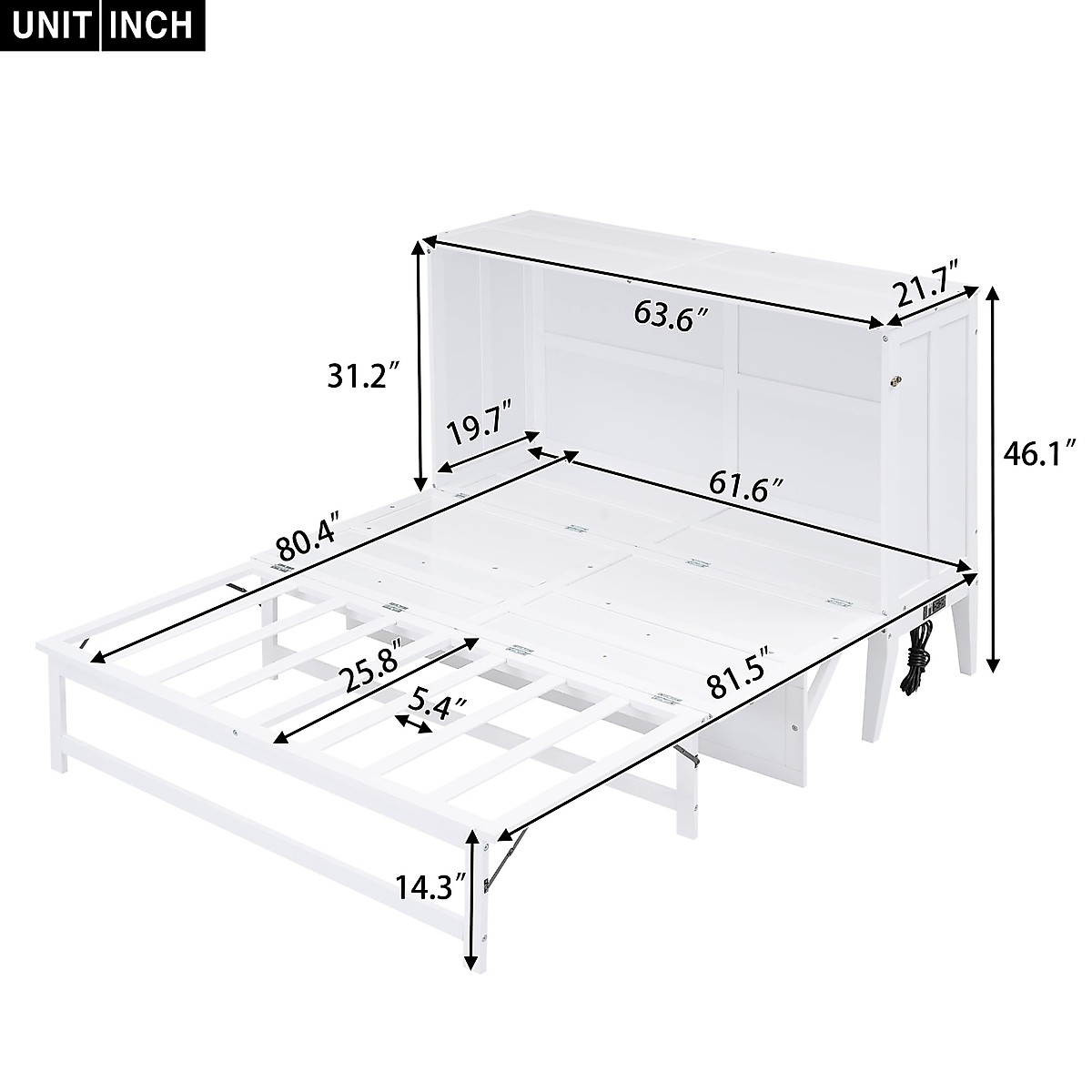 Queen Size Murphy Bed with Charging Station and Storage Shelf, Wood Queen Platform Bed Frame with usb Port, Queen Murphy Bed for Bedroom, No Box Spring Needed, Noise Free (White)