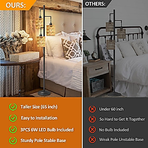 CNXIN 3-Lights Rattan Floor Lamps with ON/Off Foot Switch Tree Standing Lamp with Wood Rattan Lampshades Boho Floor Lamp Tall Pole Lamp for Living Room Bedroom Office, 3 PCS 6W Bulbs Included