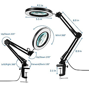 LANCOSC Magnifying Glass with Light and Stand, 3 Color Modes Stepless Dimmable, 5-Diopter Glass Lens, Adjustable Swivel Arm, LED Magnifier Desk Lamp for Close Work, Repair, Crafts, Reading - Black