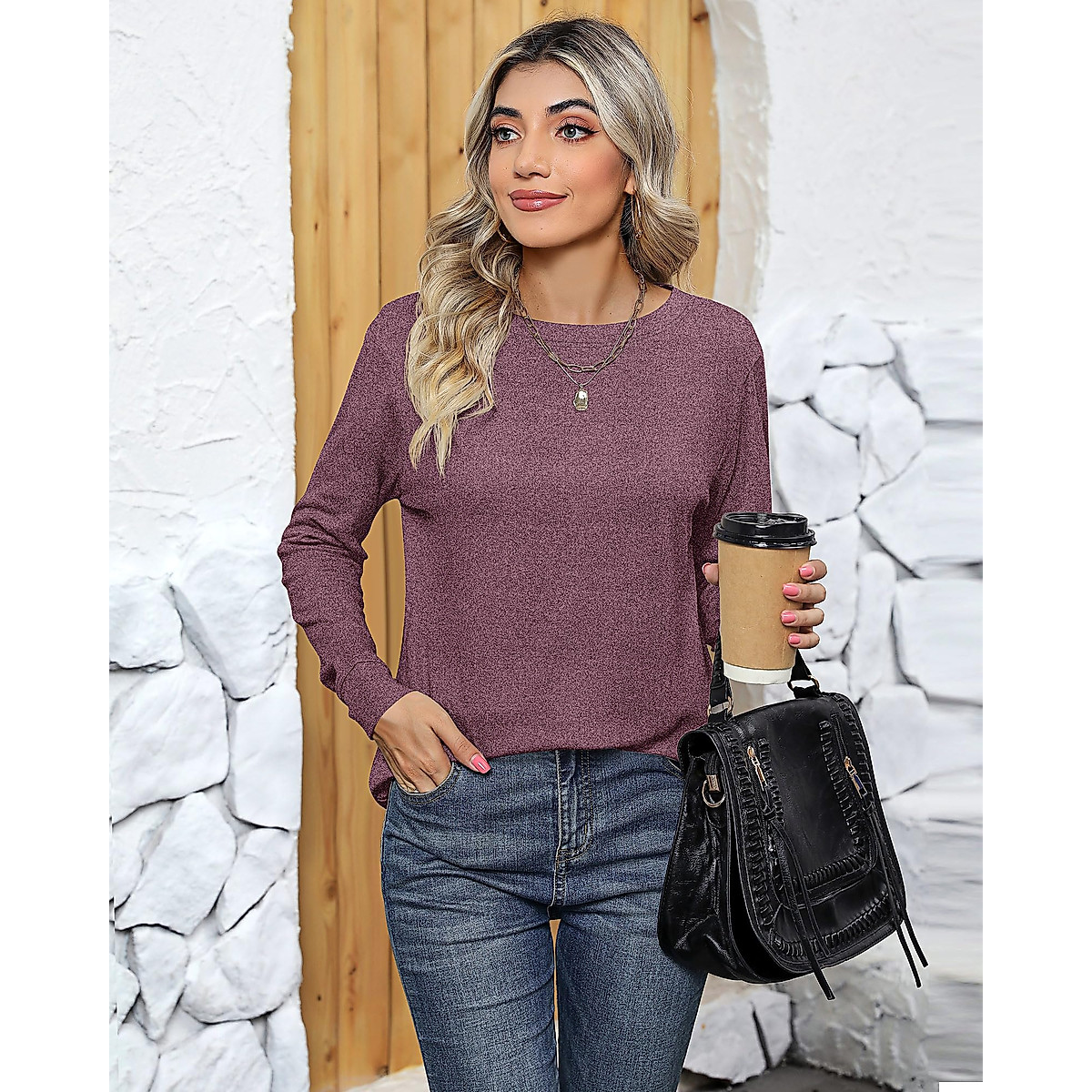 Ficerd 2 Pack Women's Casual Sweatshirts, Long Sleeve Cotton Shirts Loose Fit Lightweight Crew Neck Basic Tops Cute Pullover (Navy Blue, Wine Red,Large)