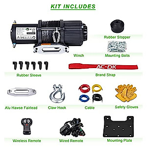 AC-DK 4500 lb. Electric Synthetic Rope ATV/UTV Winch Kits, DC 12V Wireless Winch for Towing Off Road Trailer Winch with Wireless Remote Control, Winch Mounting Bracket, Winch Rope Stopper
