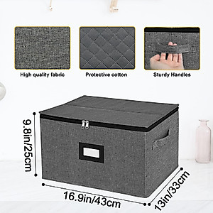 Wine glass Storage Box with Divider - China Storage Containers Hard Shell Stemware Storage Bins with Lids Holds 12 Wine Glass or Crystal Glassware Case, Stackable with Label Window (Dark Grey)