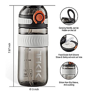 TKK 18oz Kids Water Bottles with Straw Lid & Carry Handle, Pop Button BPA Free Leak Proof Water Bottle for School, Black-NEW